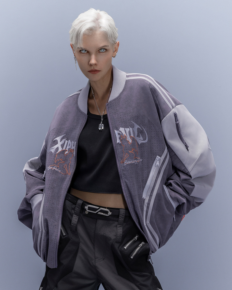 XIPHEVIL Cyberpunk Outfits Embroidered Suede Cropped Jacket – Rabock